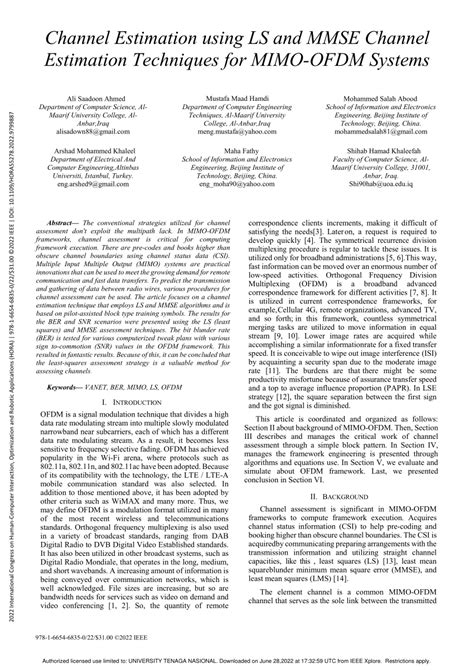 PDF Channel Estimation Using LS And MMSE Channel Estimation Techniques For MIMO OFDM Systems