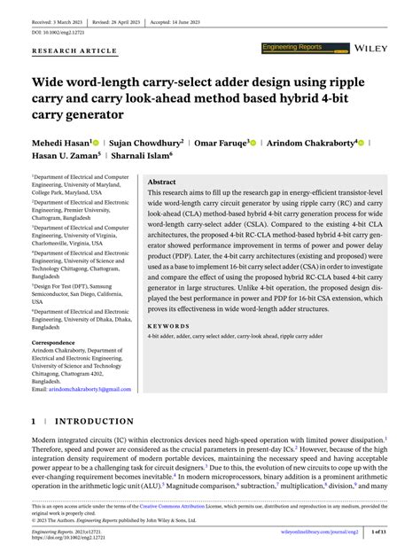 Pdf Wide Word‐length Carry‐select Adder Design Using Ripple Carry And
