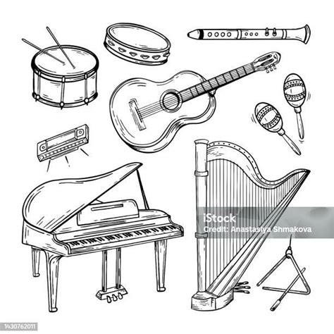 악기 손으로 그린 스타일을 설정합니다 벡터 흑백 낙서 일러스트 레이 션 공연에 대한 스톡 벡터 아트 및 기타 이미지 공연 금속 기타 현악기 Istock
