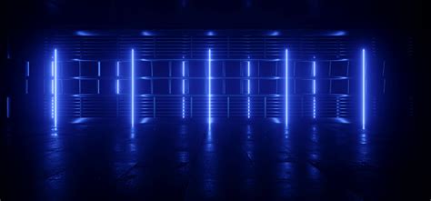 공상 과학 우주선 미래 네온 창고 레이저 블루 빛나는 활기찬 전기 콘크리트 시멘트 지하 쇼룸 터널 다크 스테이지 복도 주차 그런 지 아스팔트 3d 렌더링 0명에 대한 스톡