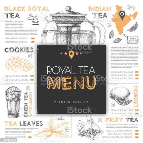 손으로 그리는 차 요소가있는 레스토랑 로얄 티 메뉴 디자인 벡터 일러스트 레이 션 일러스트레이션에 대한 스톡 벡터 아트 및 기타 이미지 일러스트레이션 찻주전자 계피