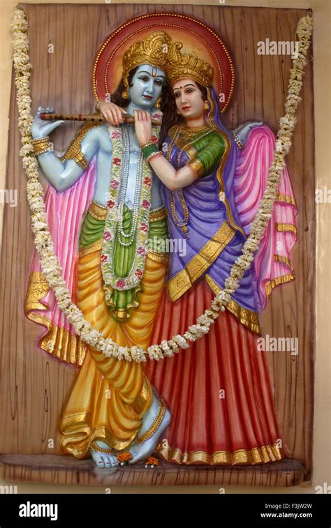 Lord Krishna With Radha Playing Flute Standing Pose A Colorful Mural