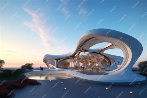 Premium Photo Futuristic Architecture Of A Building With A Curved Roof And A Pool Generative Ai