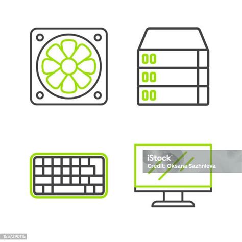 라인 컴퓨터 모니터 화면 키보드 서버 데이터 웹 호스팅 및 쿨러 아이콘을 설정합니다 벡터 벡터에 대한 스톡 벡터 아트 및 기타 이미지 Istock
