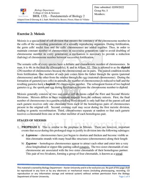 BIO 132L Ex2 Meiosis Biology Department College Of Arts Sciences BIOL 132L Fundamentals Of