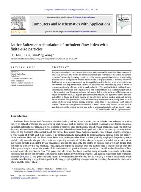 Pdf Lattice Boltzmann Simulation Of Turbulent Flow Laden With Finite Size Particles