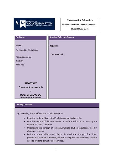 Workbook 4 1 Dilution Factors And Complex Dilutions Facilitators Required Reference Sources
