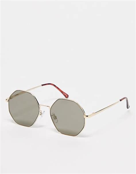 Topshop Metal Hexagonal Sunglasses In Gold Asos