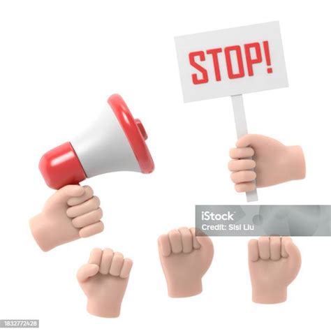 시위대의 만화 손과 확성기와 정지 신호 항의 개념 혁명 갈등 흰색 배경에 3d 렌더링 3차원 형태에 대한 스톡 사진 및 기타 이미지 Istock