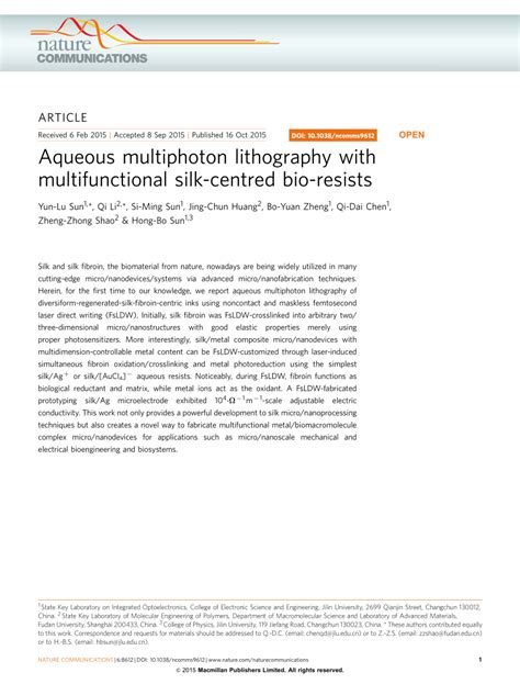 Pdf Aqueous Multiphoton Lithography With Multifunctional Silk Centred Bio Resists