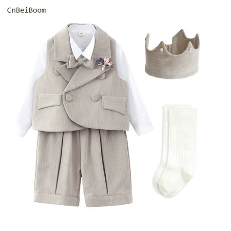 리틀 보이 턱시도 정장 모자 포함 웨딩 파티 신생아 나비 넥타이 카키색 남아 6 종 세트 6 개월 3 세 부티크 드레스 Aliexpress