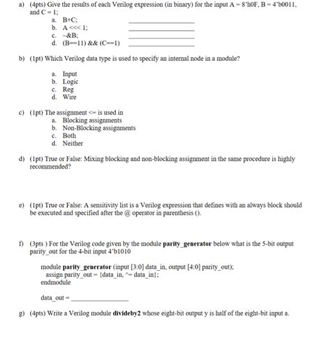 Solved A 4pts Give The Results Of Each Verilog Expression