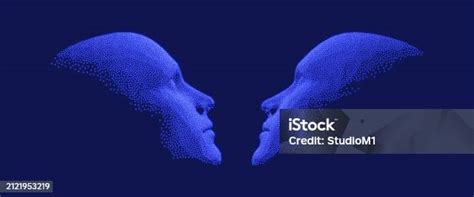 두 얼굴이 무언가를 보고 있다 기술 및 로봇 공학 개념 비즈니스 프레젠테이션 전단지 또는 포스터를 위한 디자인 3d 벡터 일러스트 레이 션입니다 2명에 대한 스톡 벡터 아트