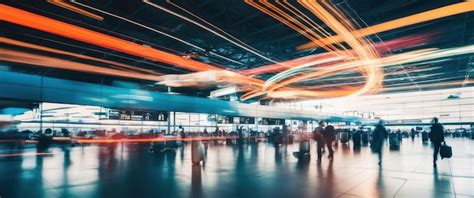 A Busy Airport Terminal Showcasing Blurred Motion And Vibrant Energy Of Travel Premium Ai