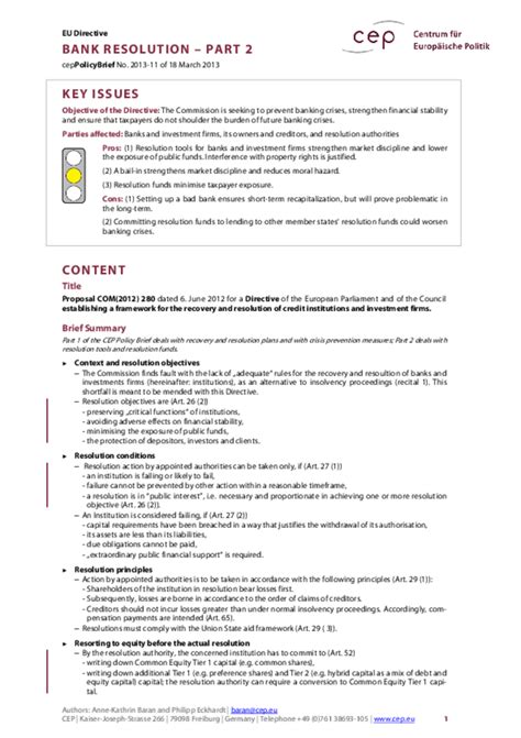 Bank Resolution Brrd Part 2 Directive Cep Centre For European Policy Network