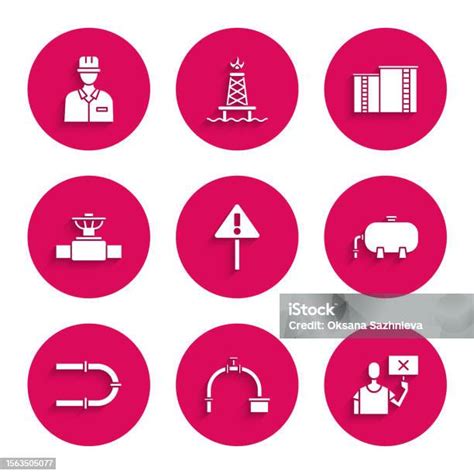 삼각형 산업 파이프 및 밸브 자연 보호 시위 석유 산업 공장 건물 및 오일맨 아이콘에 느낌표를 설정합니다 벡터 가솔린에 대한 스톡 벡터 아트 및 기타 이미지 Istock