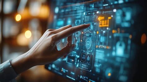 A Hand Interacts With A Futuristic Digital Interface On A Computer Screen Showcasing Data And