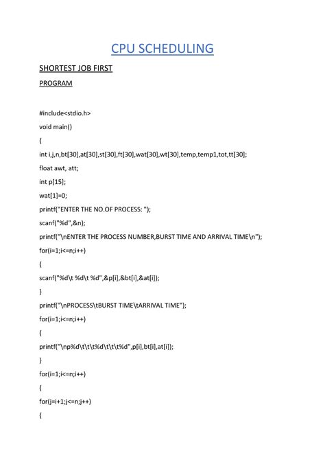 OS LAB Ktu Material CPU SCHEDULING SHORTEST JOB FIRST PROGRAM Include Void Main Studocu