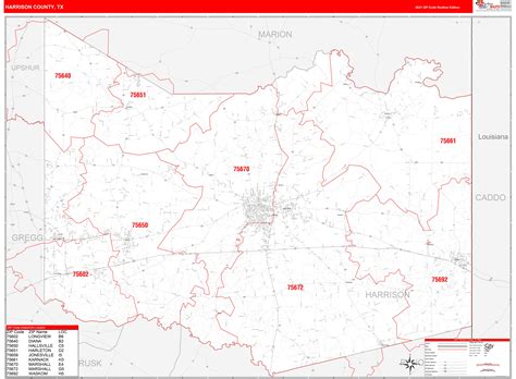 Harrison County Tx Zip Code Wall Map Red Line Style By Marketmaps Mapsales