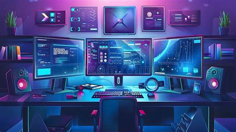 A Futuristic Computer Setup With Multiple Monitors And Dynamic Graphics A Futuristic Computer Setup With Multiple Monitors And Dynamic Graphics