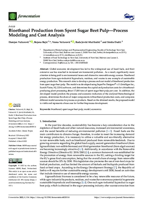 Pdf Bioethanol Production From Spent Sugar Beet Pulp—process Modeling And Cost Analysis