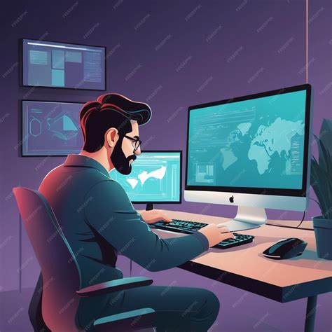 Young Man Working On Computer Business People Sitting At Office Desk Premium Ai Generated Image