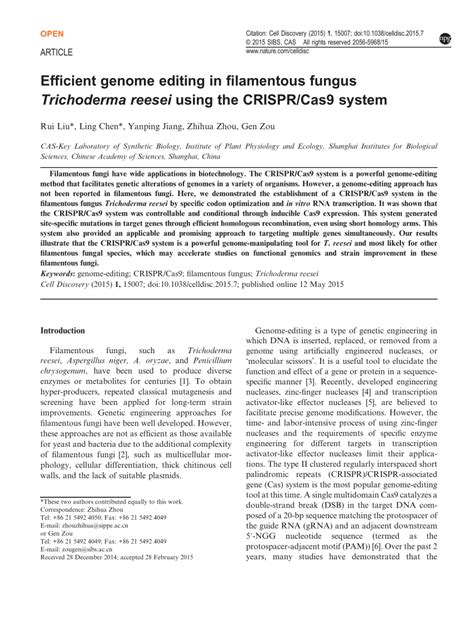 Pdf Efficient Genome Editing In Filamentous Fungus Trichoderma Reesei Using The Crispr Cas9 System
