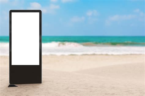 빈 무역 쇼 Lcd 화면바다 또는 바다 모래 해변에서 당신의 디자인을위한 템플릿으로 스탠드 3d 렌더링 해변에 대한 스톡 사진 및 기타 이미지 Istock