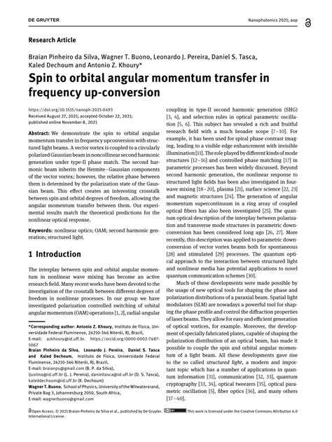 Pdf Spin To Orbital Angular Momentum Transfer In Frequency Up Conversion