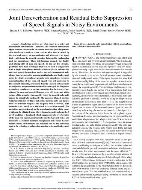 Pdf Joint Dereverberation And Residual Echo Suppression Of Speech Signals In Noisy Environments