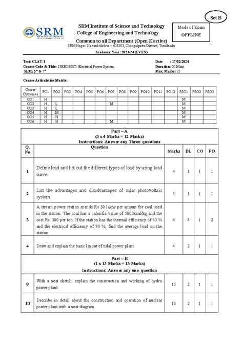Ct1 Set B Srm Institute Of Science And Technology College Of Engineering And Technology Common