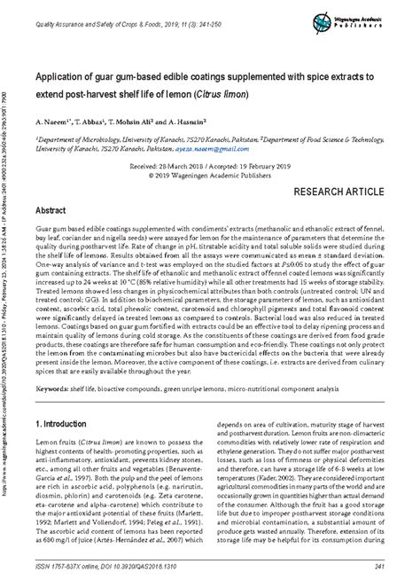 Naeem Et Al 2019 Application Of Guar Gum Based Edible Coatings Supplemented With Spice Extracts
