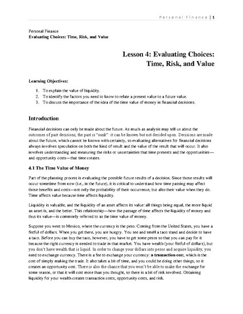 week 5 lesson 4 evaluating choices time risk and value