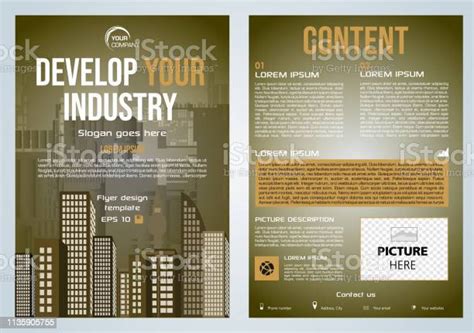 벡터 플라이어 기업 비즈니스 연례 보고서 브로셔 디자인 및 산업 도시와 갈색 색상의 커버 프리 젠 테이 션 개념에 대한 스톡
