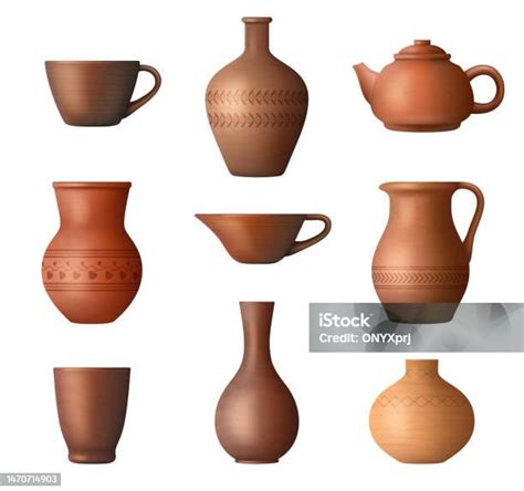 점토기구 수제 주방 컵과 주전자 괜찮은 벡터 현실적인 그림 설정 고립 0명에 대한 스톡 벡터 아트 및 기타 이미지 0명 가정 생활 가정 주방 Istock