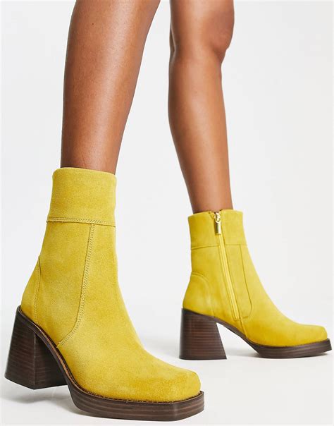 Asos Design Region Suede Mid Heel Boots In Yellow Asos Boots Mid
