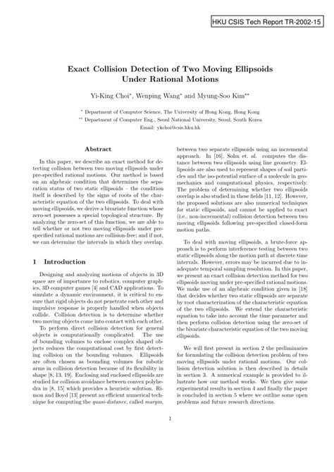 Pdf Exact Collision Detection Of Two Moving Ellipsoids Under Rational