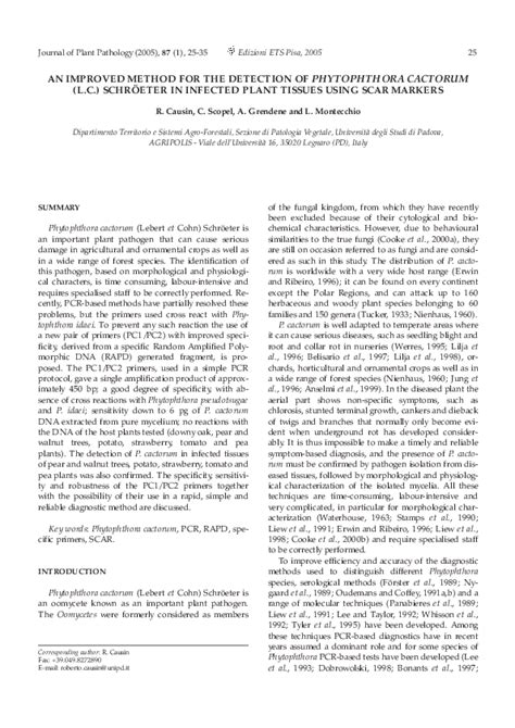 Pdf An Improvedmethod For The Detection Of Phytophthora Cactorum Lc Schröeter In Infected