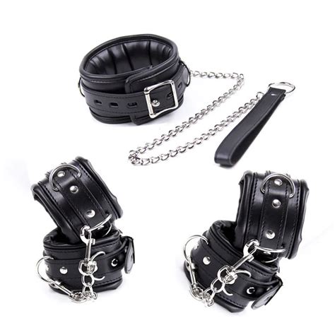 Leather Metail Bondage Leather Set With Soft Spong Handcuffs Ankle Cuffs And Collar Perfect