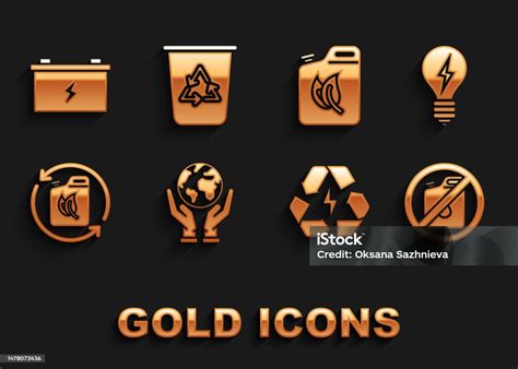 지구 지구본 번개 기호가 있는 전구 휘발유 용기 없음 배터리 재활용 바이오 연료 자동차 배터리 및 휴지통 아이콘을 들고 있는 인간의 손을 설정합니다 벡터 가솔린에 대한 스톡