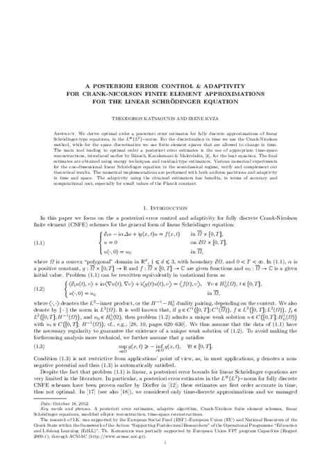 Pdf A Posteriori Error Control And Adaptivity For Crank Nicolson Finite Element Approximations