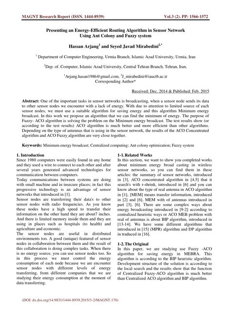 Pdf Presenting An Energy Efficient Routing Algorithm In Sensor Network Using Ant Colony And