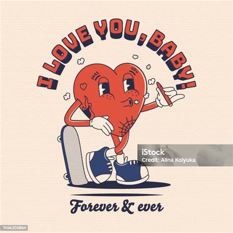 사랑해요 마음이 담긴 복고풍 그루비 포스터 해피 발렌타인 데이 그루비 심장 트렌디 한 70 년대 만화 스타일 문신과 스케이트 보드를 가진 멋진 소년 심장 카드 엽서 인쇄