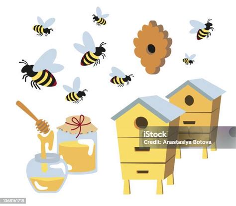 꿀벌 세트 꿀 의 유리 항아리와 다양한 두드러기 꿀국자 양봉 양봉 장비 흰색 배경 스톡 벡터 일러스트레이션에 격리 된 만화 개체 개체 그룹에 대한 스톡 벡터 아트 및 기타