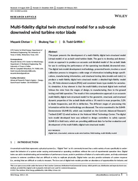 Pdf Multi‐fidelity Digital Twin Structural Model For A Sub‐scale Downwind Wind Turbine Rotor Blade