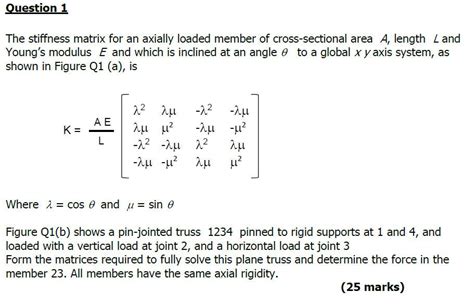Solved The Stiffness Matrix For An Axially Loaded Member Of Chegg Com