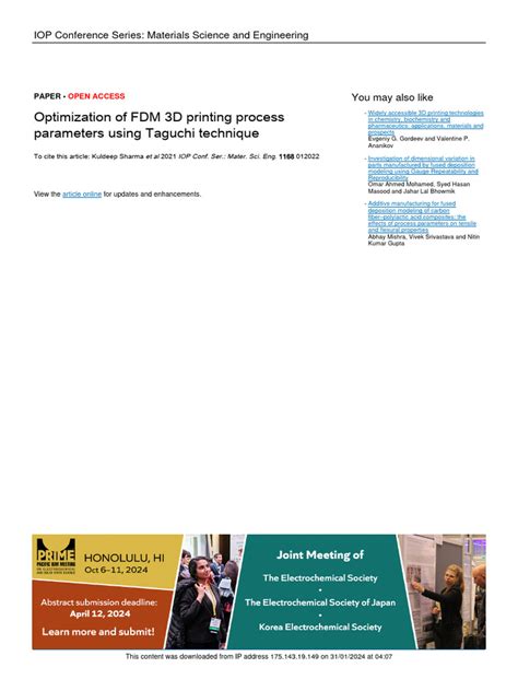 Optimization Of Fdm 3d Printing Process Parameters Using Taguchi Technique Pdf 3 D Printing