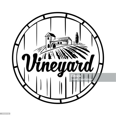 빌라 포도 나무 통 필드와 언덕 시골 풍경 라벨 포스터 로고 아이콘에 대 한 흑인과 백인 빈티지 벡터 일러스트 배럴에 대한 스톡 벡터 아트 및 기타 이미지 Istock