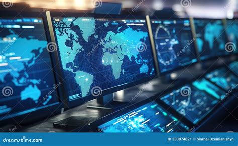 Multiple High Tech Computer Monitors Displaying Dynamic Geopolitical Maps And Data In A Modern