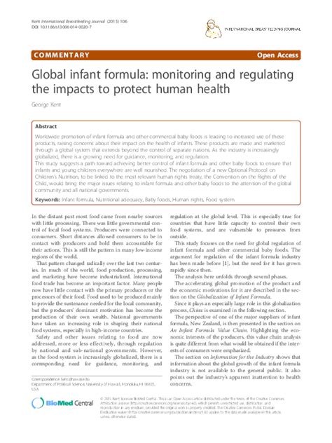 Pdf Global Infant Formula Monitoring And Regulating The Impacts To Protect Human Health 2015